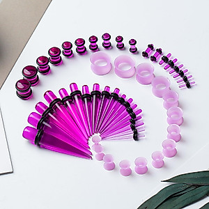CABBE KALLO 50 Pcs 14G-00G Ear Stretching Kits Acrylic Tapers Plugs & Silicone Tunnels Gauges Expander Set Body Piercing Jewelry, Purple