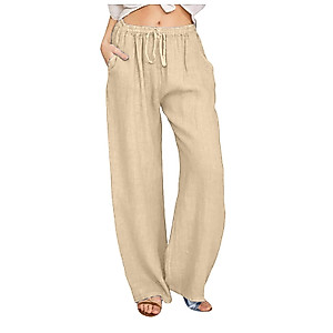 Capri Pants for Women Casual 2023 Summer Drawstring Elastic High Waist Linen Pant Straight Wide Leg Cropped Trouser Women Casual Pants Khaki 2X