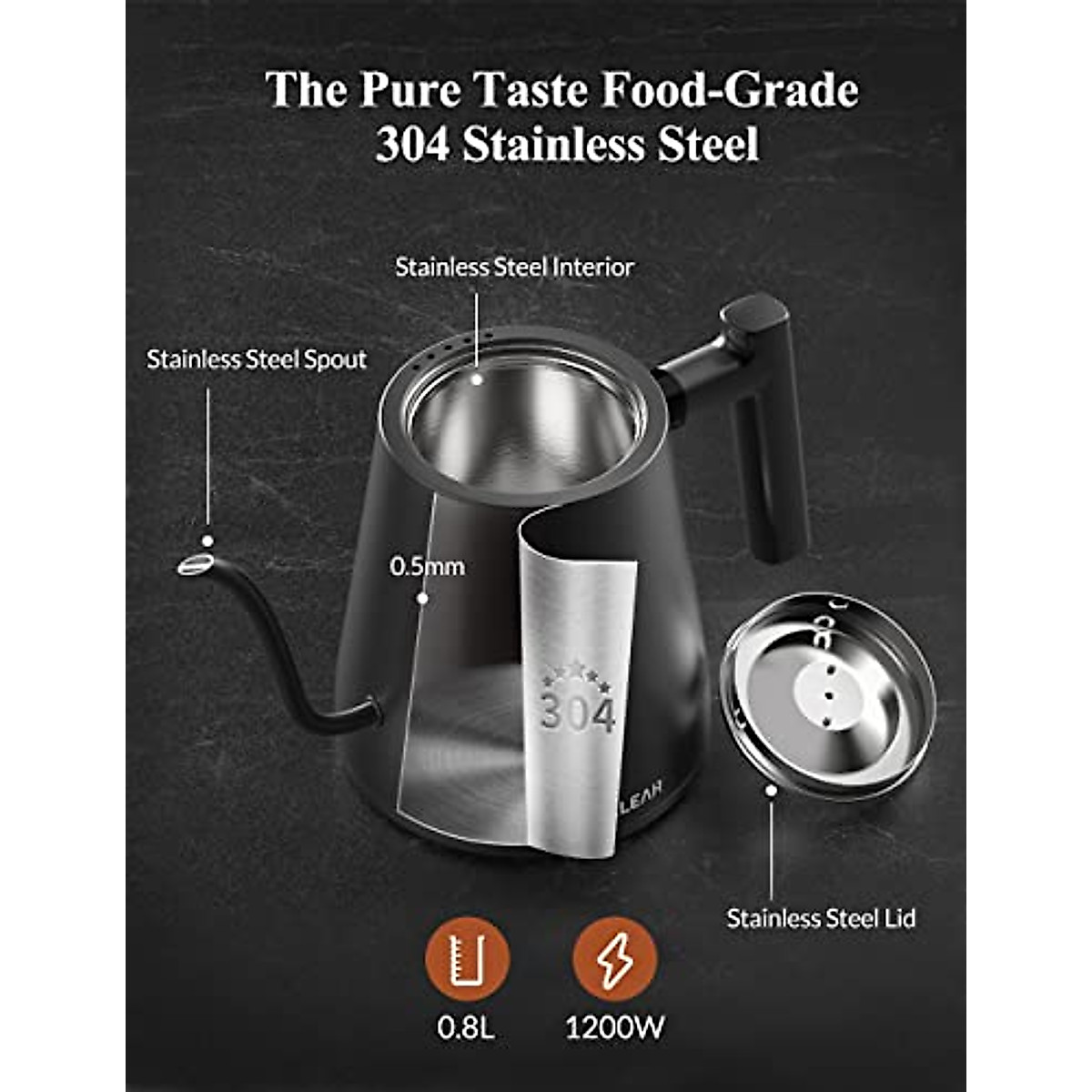 KLEAH Gooseneck Electric Kettle for Coffee Tea Brewing, 0.8L Pour Over Kettle, Keep Warm for 2H Stainless Steel Kettle Auto Shutoff Boil-Dry Protection Digital Display Black for Gift