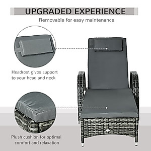 Outsunny Wicker Outdoor Chaise Lounge, 5-Level Adjustable Backrest PE Rattan Pool Lounge Chair with Wheels, Cushion & Headrest, Mixed Gray and Charcoal Gray