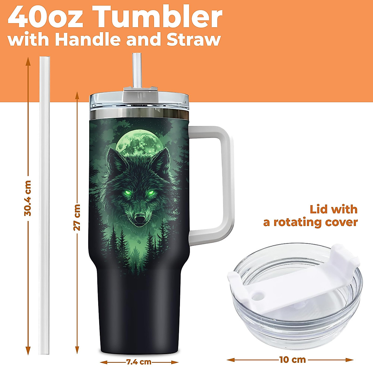 FOXCORNER Personalized Green Wolf Tumbler 40oz with Handle & Straw for Wolf Lovers, Wolfs Present for Men Women on Birthday Christmas, Custom Name Stainless Steel Travel Coffee Cup, Animal Lover Gifts
