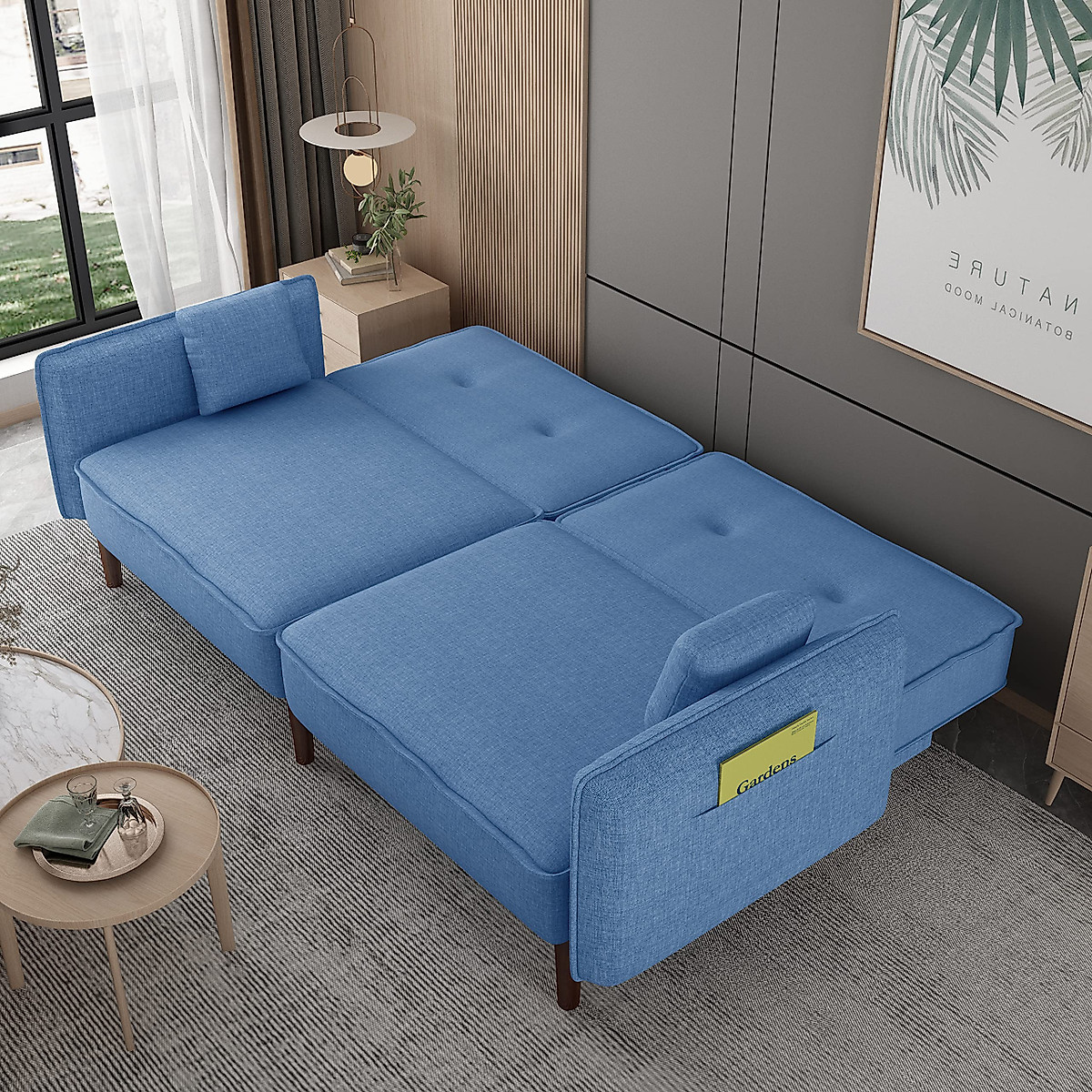 WILLIAMSPACE 75" Futon Sofa Bed, Convertible Sleeper Sofa with Magazine Bag, Small Splitback Sofa with Tapered Solid Wood Leg, Padded Seat and Back, Loveseat Couch for Living Room, Blue Fabric