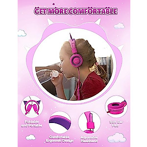 SIMJAR Cat Ear Kids Headphones with Microphone for School, Volume Limiter 85/94dB, Wired Girls Headphones with Foldable Design for Online Learning/Travel/Tablet/iPad (Purple)