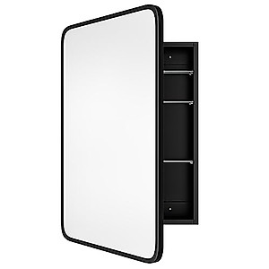 AGDULL Vintage-Style Bathroom Wood Wall Cabinet with Black Metal Frame Curved Mirror, Recessed Medicine Cabinet, Bathroom Storage Cabinet, Black, 17.5x29 Inch