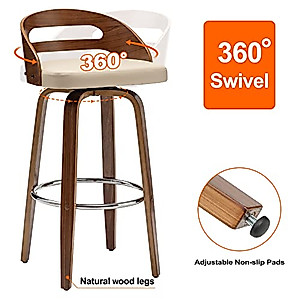 Bar Stools Set of 2, Swivel Bar Height Stools with Walnut Bentwood, Low Back, Upholstered Faux Leather, Soft Cushion Seat, Mid Century Bar Stools for Kitchen/Island/Counter (Beige, 25" Seat Height)