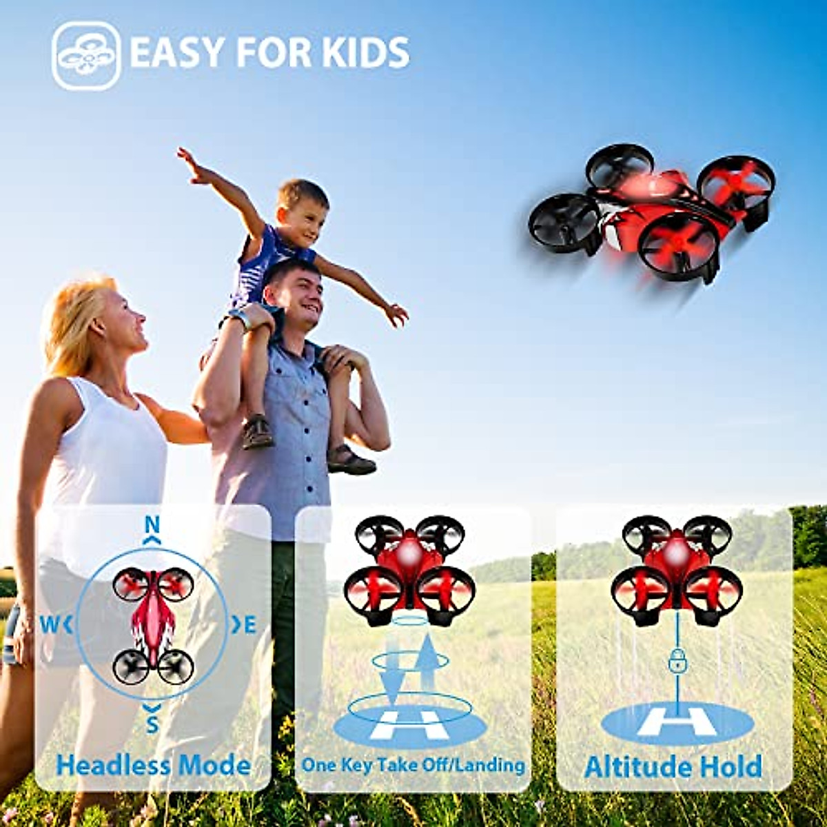 UNTEI 2 In 1 Mini Drone for Kids Remote Control Drone with Land Mode or Fly Mode, LED Lights,Auto Hovering, 3D Flip,Headless Mode and 3 Batteries,Toys Gifts for Boys Girls (Red)