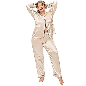 SWOMOG Women Plus Size Long Sleeve Pajamas Silk Satin Womens Pajama Sets Button Down Sleepwear Top Pj Loungewear with Pockets Champagne