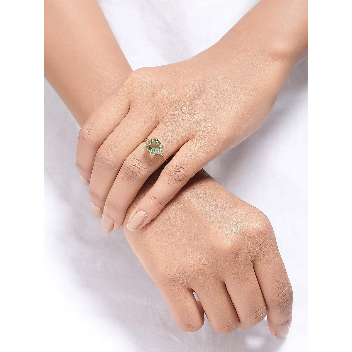 YoTreasure 3.10 Ct Green Amethyst Solid 14k Yellow Gold Ring Jewelry