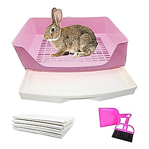 Tfwadmx Large Rabbit Litter Box Bunny Corner Toilet Potty Trainer with Drawer Bigger Pet Pan for Adult Guinea Pigs Chinchilla Hamster Hedgehog and Other Animals (Pink)