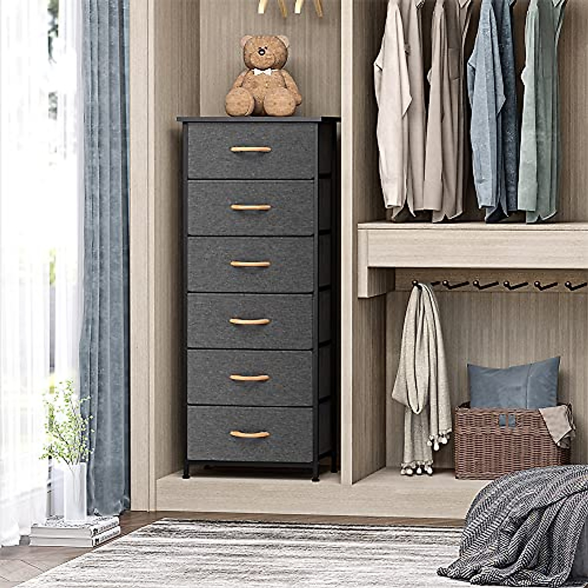 Crestlive Products Vertical Dresser Storage Tower - Sturdy Steel Frame, Wood Top, Easy Pull Fabric Bins, Wood Handles - Organizer Unit for Bedroom, Hallway, Entryway, Closets - 6 Drawers (Gray)