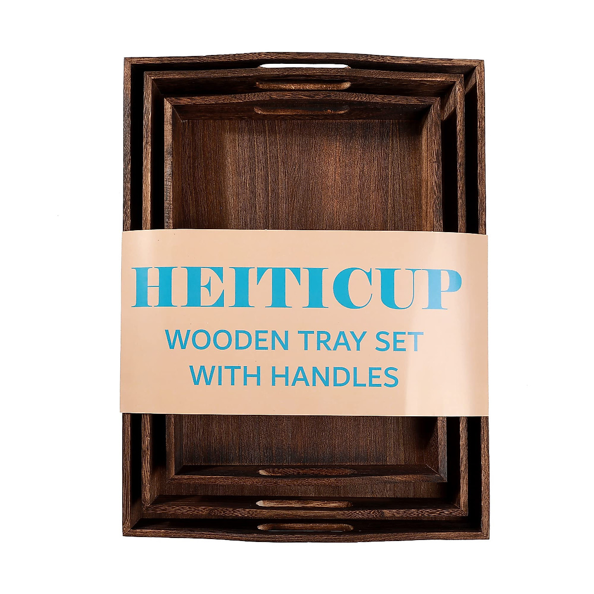 HEITICUP Wooden Serving Trays-Three Piece Set of Rectangular Shape Wood Coffee Table with Cut Out Handles, Kitchen Nesting Trays for Eating, Serving Pastries, Snacks, Mini Bars, Party