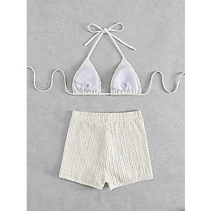 SOLY HUX Women's 2 Piece Swimsuits Halter Triangle Top with Shorts Bikini Set Bathing Suits Beige XL
