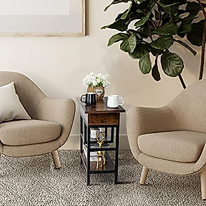 Hadulcet Side Table with USB Ports and Outlets, Narrow Sofa End Table with Storage Shelf for Small Spaces, Bedside Table Nightstand with Charging Station Rustic Brown