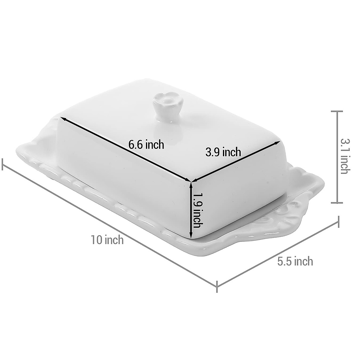 MyGift Vintage French Country Style White Ceramic Large Butter Dish Tray with Tulip Handle Top Lid, Kitchen Countertop Bi-Coastal Butter Keeper with Cover, Holds 2 Sticks