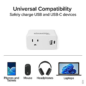 Plugable Wall Outlet Extender with 1x USB-C and 1x USB, 32W USB C Charger Block, USBC Fast Charger for iPhone 13/14, Travel, Home, Office, Cruise Ship