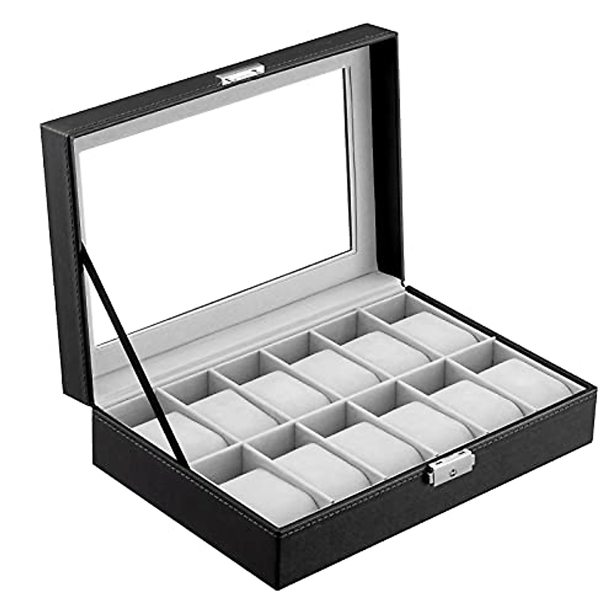 Oyydecor Watch Box PU Leather Case Organizer Wooden Storage Organizer for Storage and Display Men's & Women's Gift Business (12Slots-Gray)