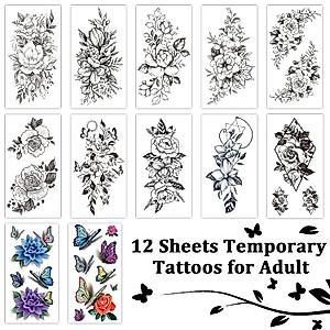 Cerlaza Temporary Tattoos for Women, Fake Flower Tattoos Stickers for Adults, Semi Permanent Half Sleeve Tattoo Body Leg Makeup Waterproof, Flower 3D Butterflies Tatuajes Temporales-12 Sheets