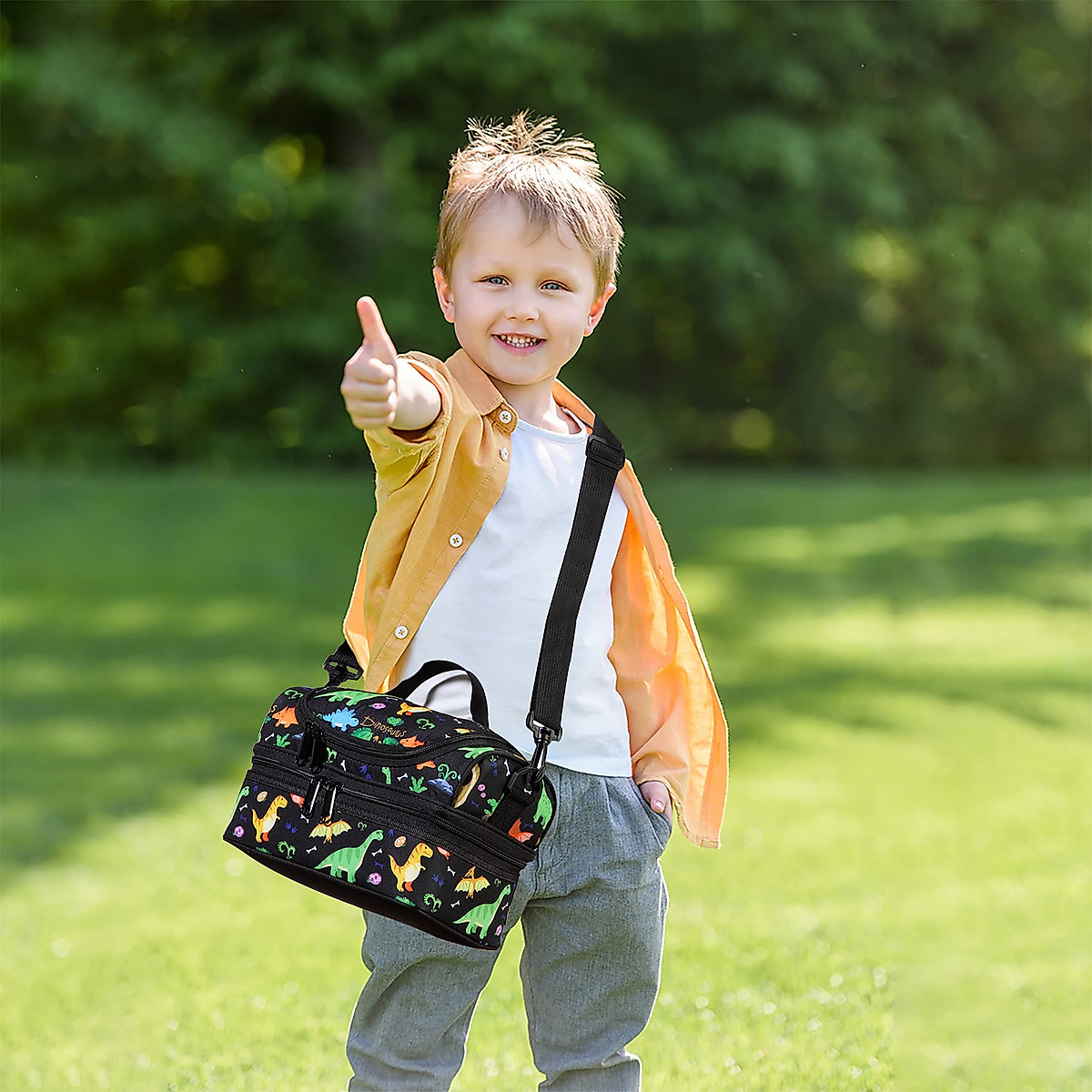 Kasqo Lunch Box Bag for Boys, Insulated Cooler Bag Kids Lunch Tote with Dual Compartments, Black Dinosaur