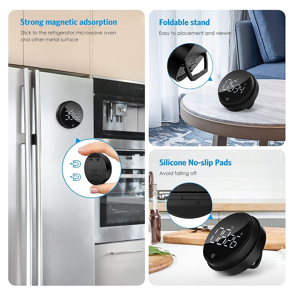 AMIR Digital Kitchen Timer, Timer for Kids, Digital Timer Battery Powered with Large LED Display, Adjustable Volume, Magnetic Timer for Cooking, Studying, Office, Black (Battery not Included)