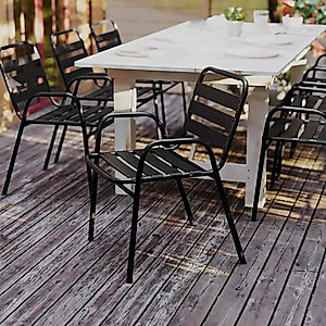 Flash Furniture Lila Commercial Restaurant Stack Chair with Triple Slat Back and Arms, Indoor-Outdoor Dining Chair, Black