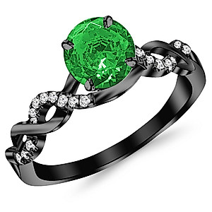 Houston Diamond District 0.63 Carat 14K Black Gold Twisting Infinity Gold and Diamond Split Shank Pave Set Diamond Engagement Ring with a 0.5 Ct Natural Emerald Center (Heirloom Quality)