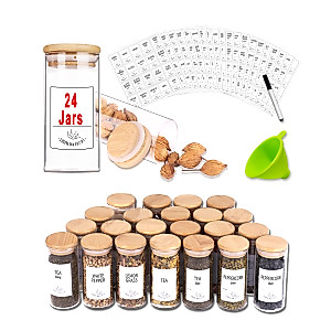 Churboro 24 Glass Spice Jars with Bamboo Airtight Lids, 400 Spice Labels, Funnel and Chalk Marker Set Spice Containers, 4 OZ Glass Storage Jars.
