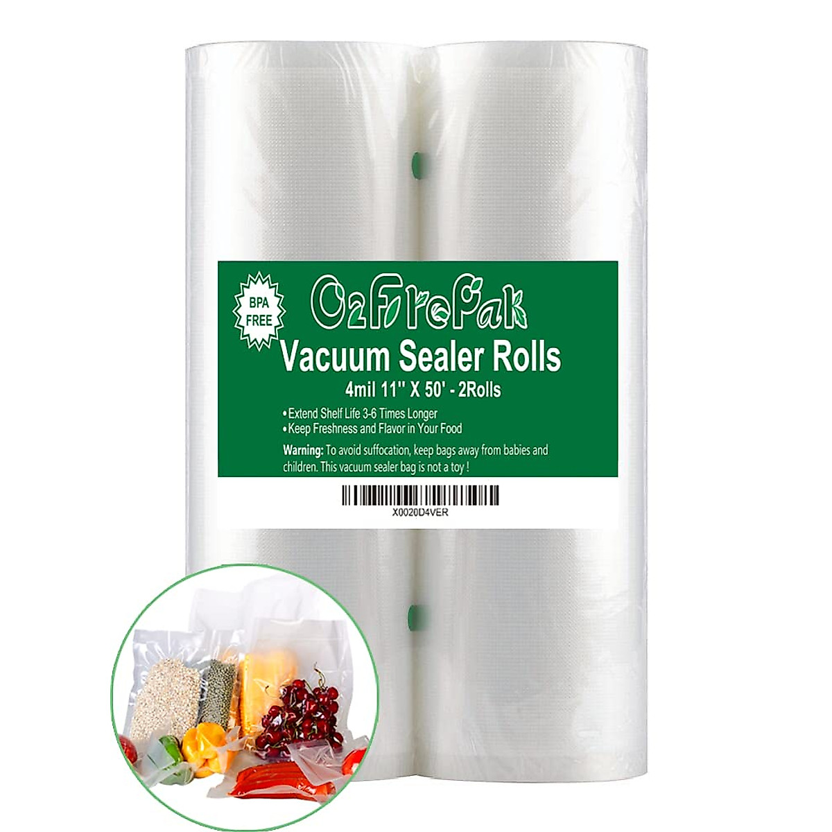 O2frepak 2Pack 11"x50' Rolls 4mil Vacuum Sealer Bags Rolls with BPA Free,Heavy Duty Vacuum Sealer Storage Bags Rolls ,Cut to Size Roll,Great for Sous Vide (Total 100 feet)