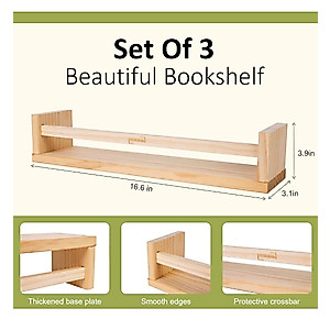 Nexzon Set of 3 Nursery Book Shelves with Booklet and Pen | 16.6" Kids Wall Bookshelves | Baby Nursery Shelves for Bedroom, Bathroom, Kitchen and Toy Storage (Pine Wood)