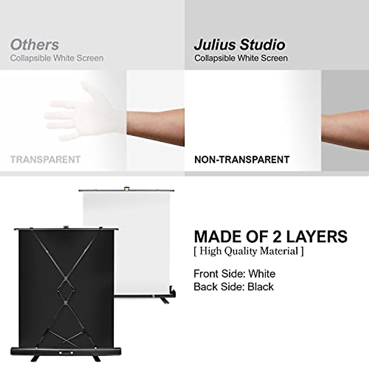 Julius Studio (Pull-up Type) 5 x 6.2 ft. / 60 x 75 inch White Screen, Collapsible Pure White Background, Pull Up Roll Down Auto Locking, No Wrinkle, Portable Handle Grip, Easy Install & Fold, JSAG665