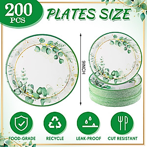 Hushee 200 Pieces 9 Inch Sage Green Paper Plates Eucalyptus Disposable Dinner Plates Greenery Leaves Paper Plates Decorative Tableware for Baby Shower Bridal Shower Wedding Birthday Party Supplies