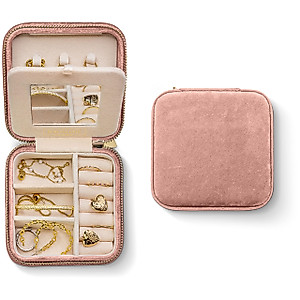 Plush Velvet Travel Jewelry Box Organizer | Travel Jewelry Case, Jewelry Travel Organizer | Small Jewelry Box for Women, Jewelry Travel Case | Earring Organizer with Mirror - Dusty Pink