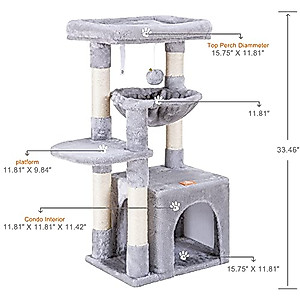 Heybly Cat Tree for Indoor Cats, Cat Tower condo for Kitten, Cat House with Padded Plush Perch, Cozy Hammock and Sisal Scratching Posts, Light Gray HCT003SW
