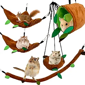MUYG Hamster Hammock,Small Animal Hanging Hideout Tunnel Sleeping Set Plush Swing Warm Bed House Cage Nest Accessories for Sugar Glider,Squirrel,Brown(5 Pcs)