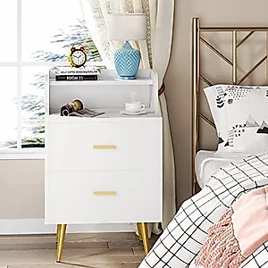 Tribesigns Nightstand, Modern Bedside Table with 2 Drawers and Heightened Open Shelf, End or Side Table with Golden Metal Legs, Bed Night Table for Bedroom(White), Storage Wooden Night Stand (1 pc)