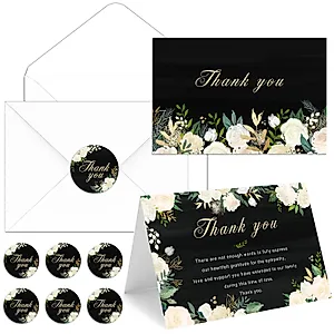 BYBOUS 25 Pack Black Funeral Thank You Cards with Envelopes, 4×6In Watercolor Flowers Sympathy Bereavement Thank You Card on the Inside for Funeral Memorial Family Loved Ones Celebration of Life
