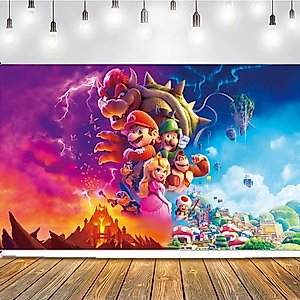 Super Brother Backdrop for Birthday Party Decorations, Mario Background for Baby Shower Party Cake Table Decorations Supplies, Mario Theme Banner (5.9ft*3.6ft-3)