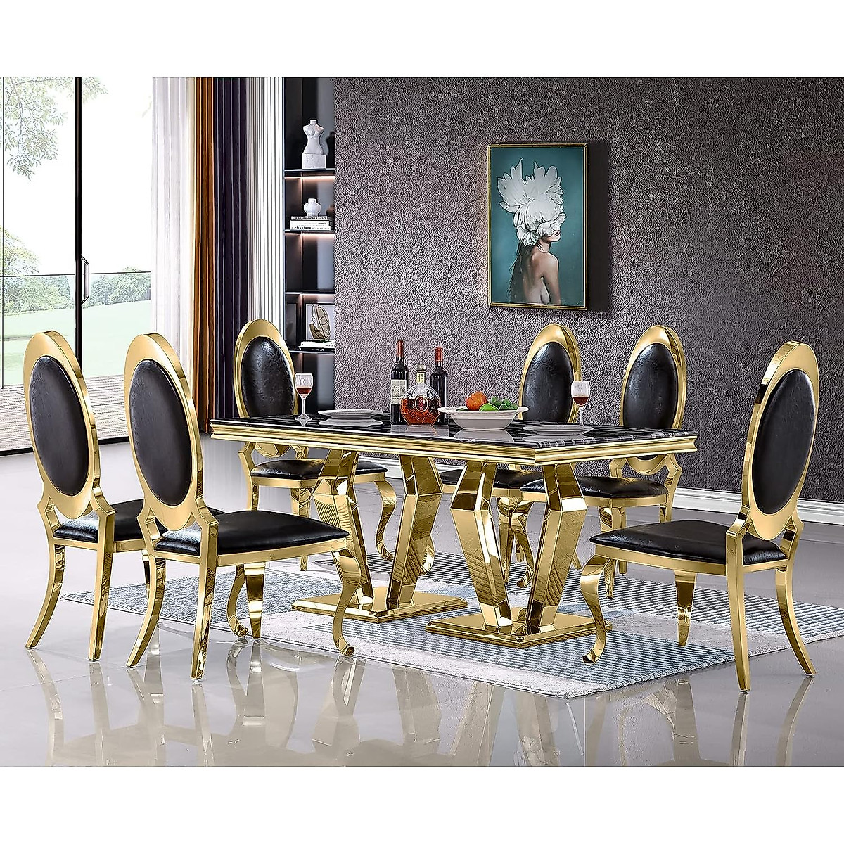 Asday Classic King Louis Black Faux Leather Upholstered Dining Chairs, Luxurious Dining Chairs with Polished Gold Oval Back and Mid-Century Modern Legs (Set of 12)