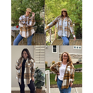 IN'VOLAND Women's Plus Size Flannel Plaid Shacket Casual Button Down Long Sleeve Flannel Shirts Lapel Fall Brown Jacket 20W