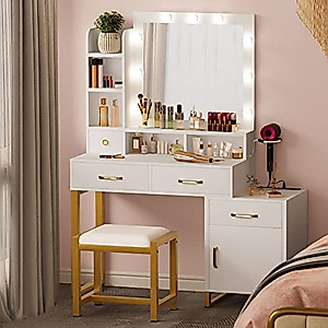 DWVO 41.2inch Makeup Vanity with Mirror and Lights, Vanity with Lights and Drawers, Vanity Mirror with Lights and Table Set, 3 Color Adjustable Lighting Brightness & Power Outlet, White