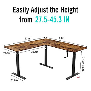 UNICOO – L Shaped Crank Height Adjustable Standing Desk, Sit to Stand up Corner Desk, L-Shaped Standing Workstation (Black Frame/Rustic Brown Top- L Shape Crank)