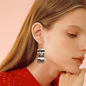 Book Earrings for Women Bookcase Dangle Earrings Unique Book Shelves Patterned Acrylic Dangle Earrings for Book Lovers Gift Teacher's Day Appreciation Jewelry Gifts (Square)