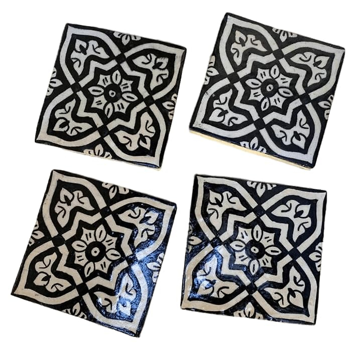Painted Black White Ceramic Tile 4x4 - Moroccan Hand Painted Square Tile Zellige for Kitchen Backsplash, Outdoor/Indoor Tiles Bathroom or Shower Tile, Handmade Ceramic Traditional Tile (20 Tiles)