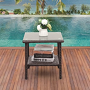 Patio PE Wicker Side Table Outdoor Resin Rattan Glass Top Square End Table with Two Shelves, Brown