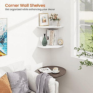 Homode Corner Shelf Wall Mount, Set of 2 Corner Floating Shelves with Cord Hole for Speaker, Cable Box, 2 Tier Wood Hanging Storage Shelf for Bathroom Living Room Bedroom, White