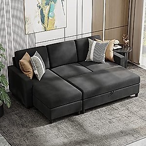 JAMFLY 79'' Sectional Sofa Couch with Storage Ottoman, Living Room Furniture Set Small Deep Convertible Sofa, L-Shaped Couch Wide Reversible Chaise with Linen Fabric (Charcoal Grey)