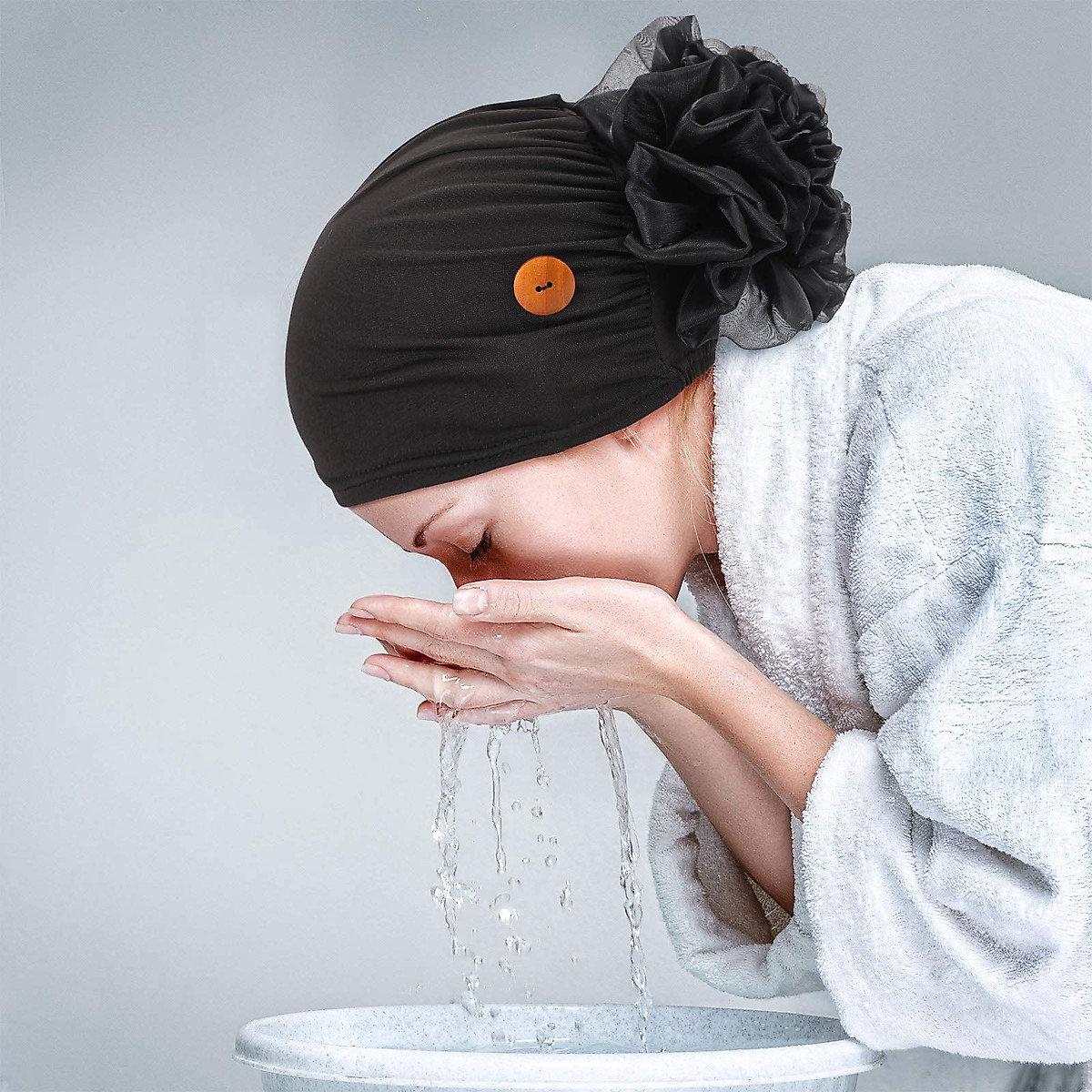 3 Pieces Bouffant Cap with Buttons Elastic Soft Flower Stretch Head Wraps for Nurses (Black, Gray, Navy Blue)