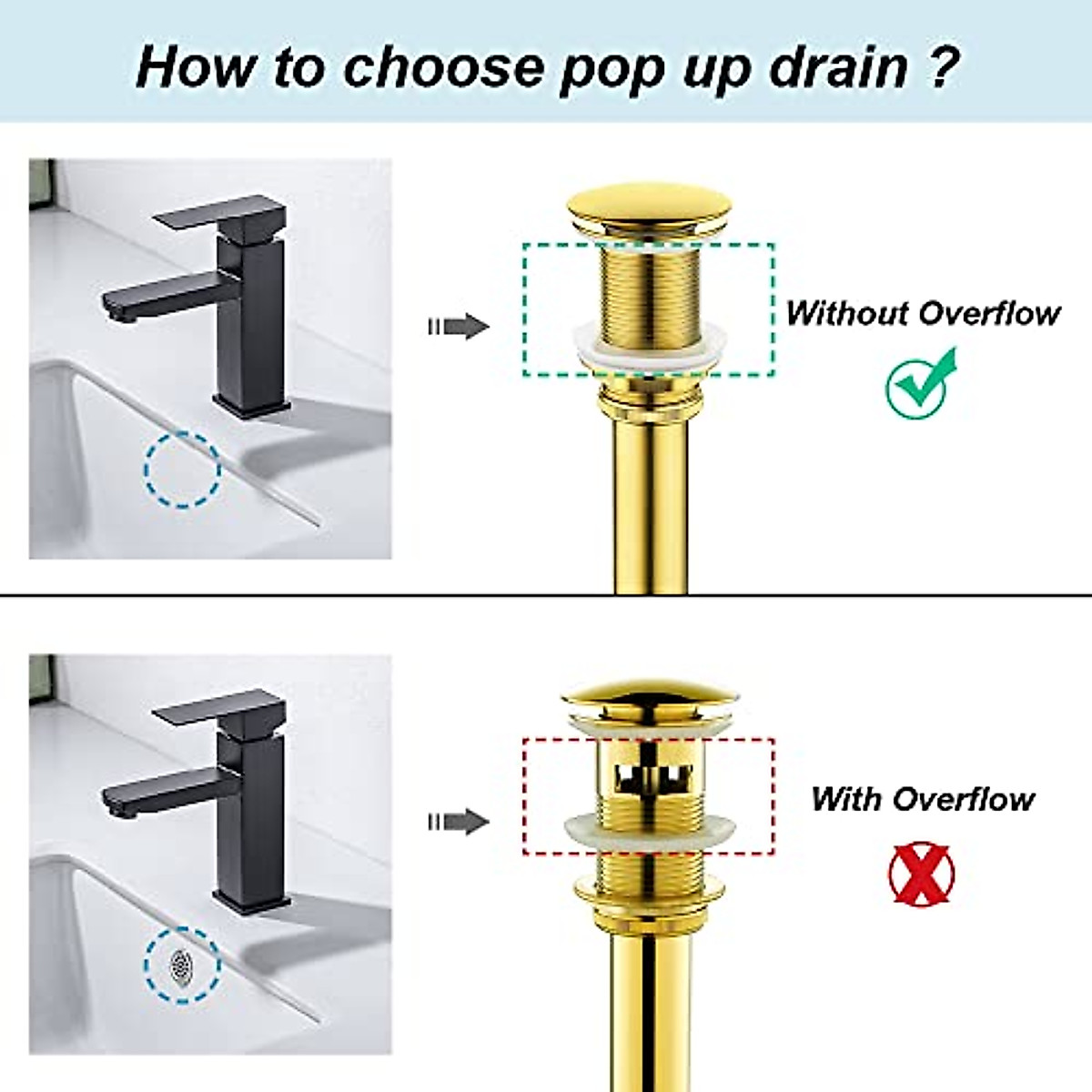 AZOS Bathroom Sink Drain Stopper Pop up Drain Without Overflow for Vessel Sink Lavatory Vanity, Brass Polished Gold Anti-Clogging Drain