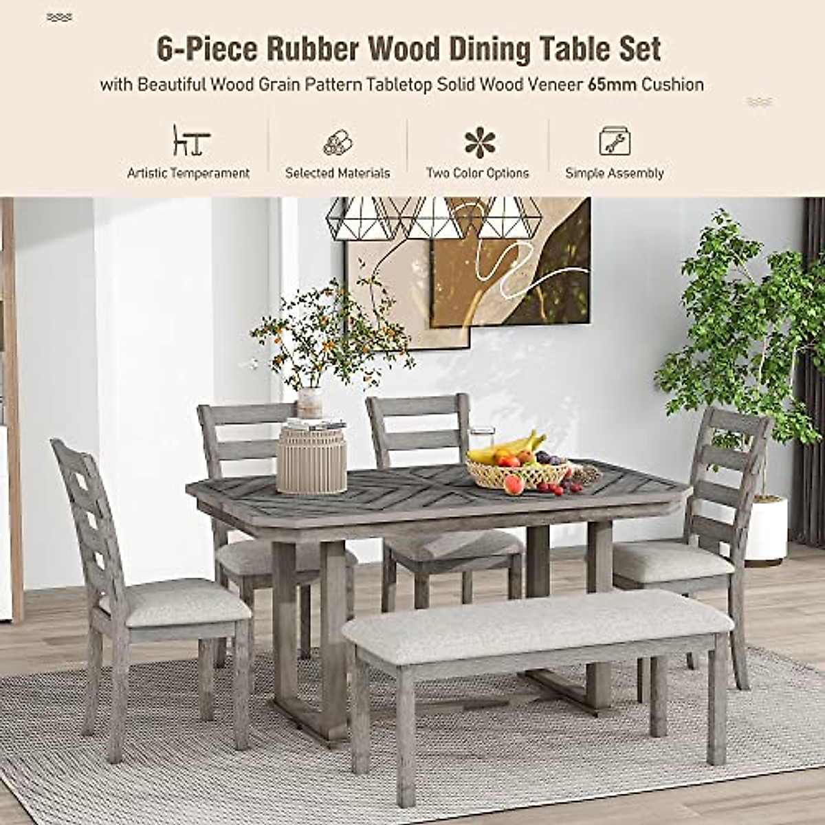 CITYLIGHT 6 Piece Kitchen Dining Table Set, Rubber Wood Rectangular Dining Table with Beautiful Wood Grain Pattern Tabletop Solid Wood Veneer and Soft Cushion for Home, Dining Room(Gray)