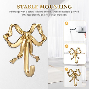 Gadpiparty 2Pcs Bow Hook Decorative Wall Hooks Bowknot Coat Hook Gold Towel Robe Hook Hanging Brass Hooks for Home Bedroom Bathroom Office Outdoor (2.63 inches)