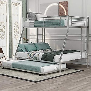 Metal Bunk Beds Twin Over Full Size with 2 Ladder and Trundle Bed for Kids Teens Adults, (Silver)